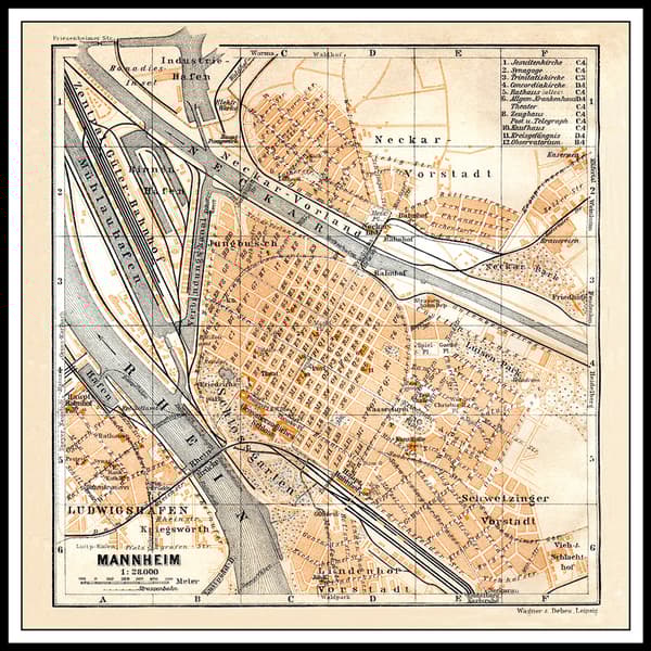 Map Mannheim-Germany-1912 Poster/Black/White Kvadrat: 80x80 599 Poster ...